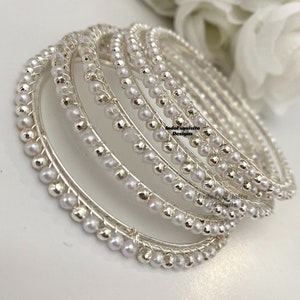 Silver/white Pearls Bangles Set of 6/ Pearl Kade/ Bridal Bangles ...