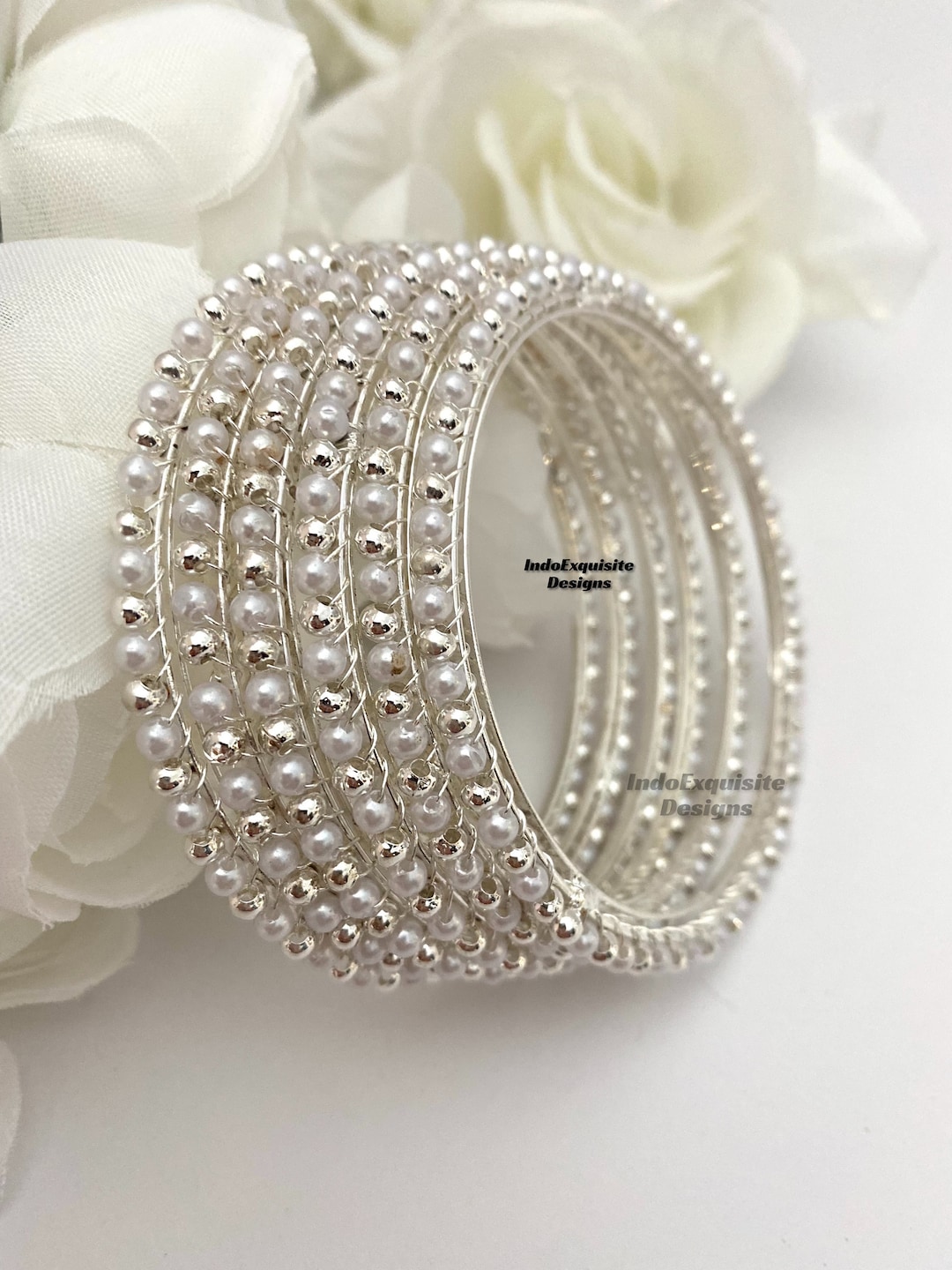 Silver/white Pearls Bangles Set of 6/ Pearl Kade/ Bridal Bangles ...