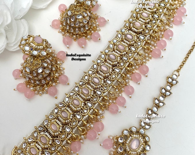 Traditional Kundan Gold Finish Necklace Set in Light Pink Color ...