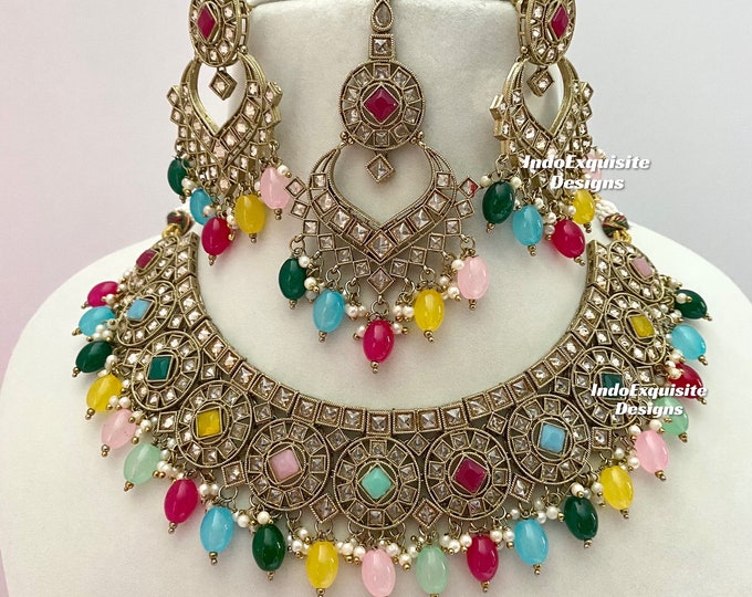 Antique Gold Polki Necklace Set in Multi Color/ Indian Jewelry/ High ...