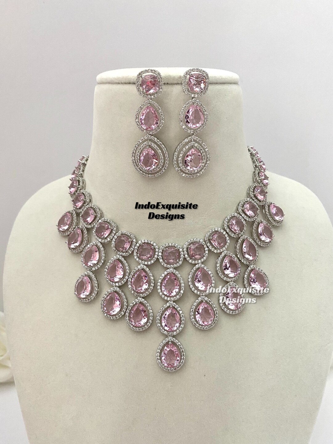 American Diamond Necklace Set in Silver Pink / CZ Necklace/indian ...