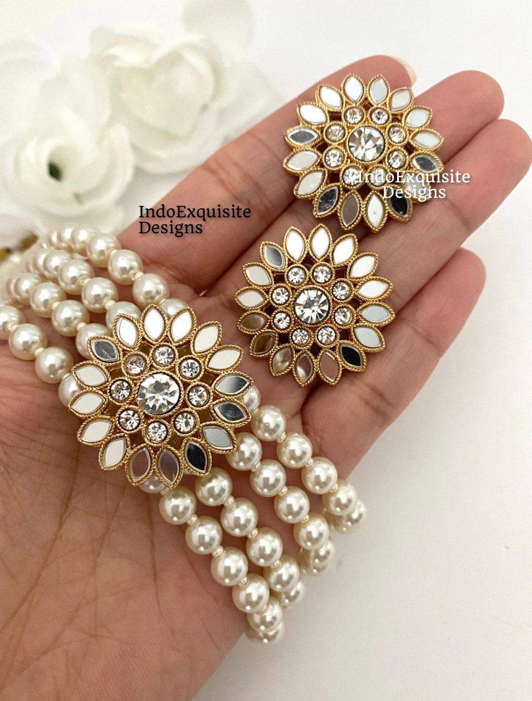 Bollywood Style Mirror Pearls Choker Set /mirror Studs Choker Set ...