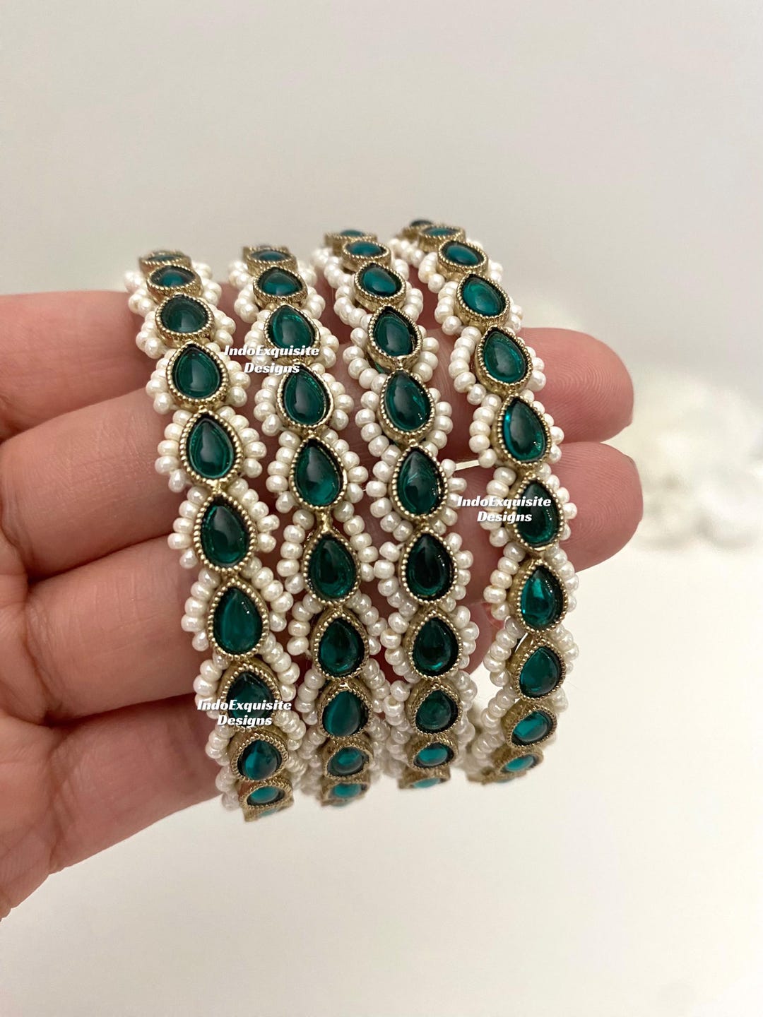 Premium Quality Antique Gold Base Monalisa Stone and Pearls Bangles ...