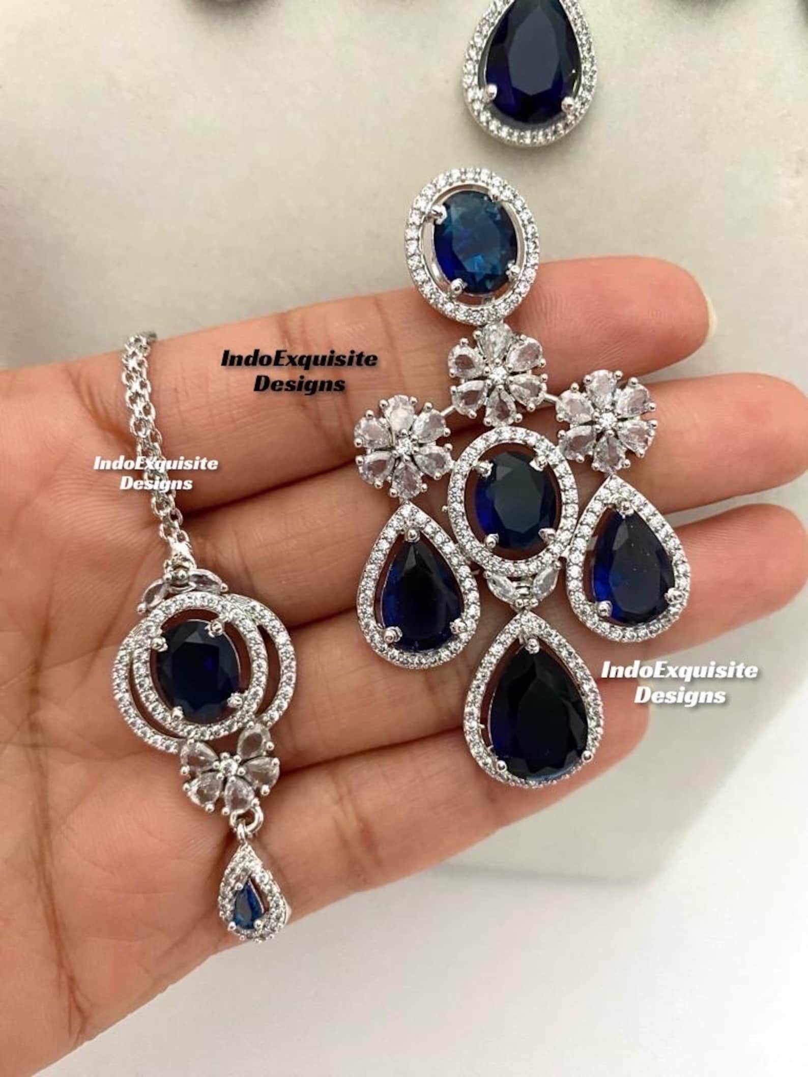 American Diamond Necklace Set in Silver Blue/cz Necklace/indian Jewelry ...