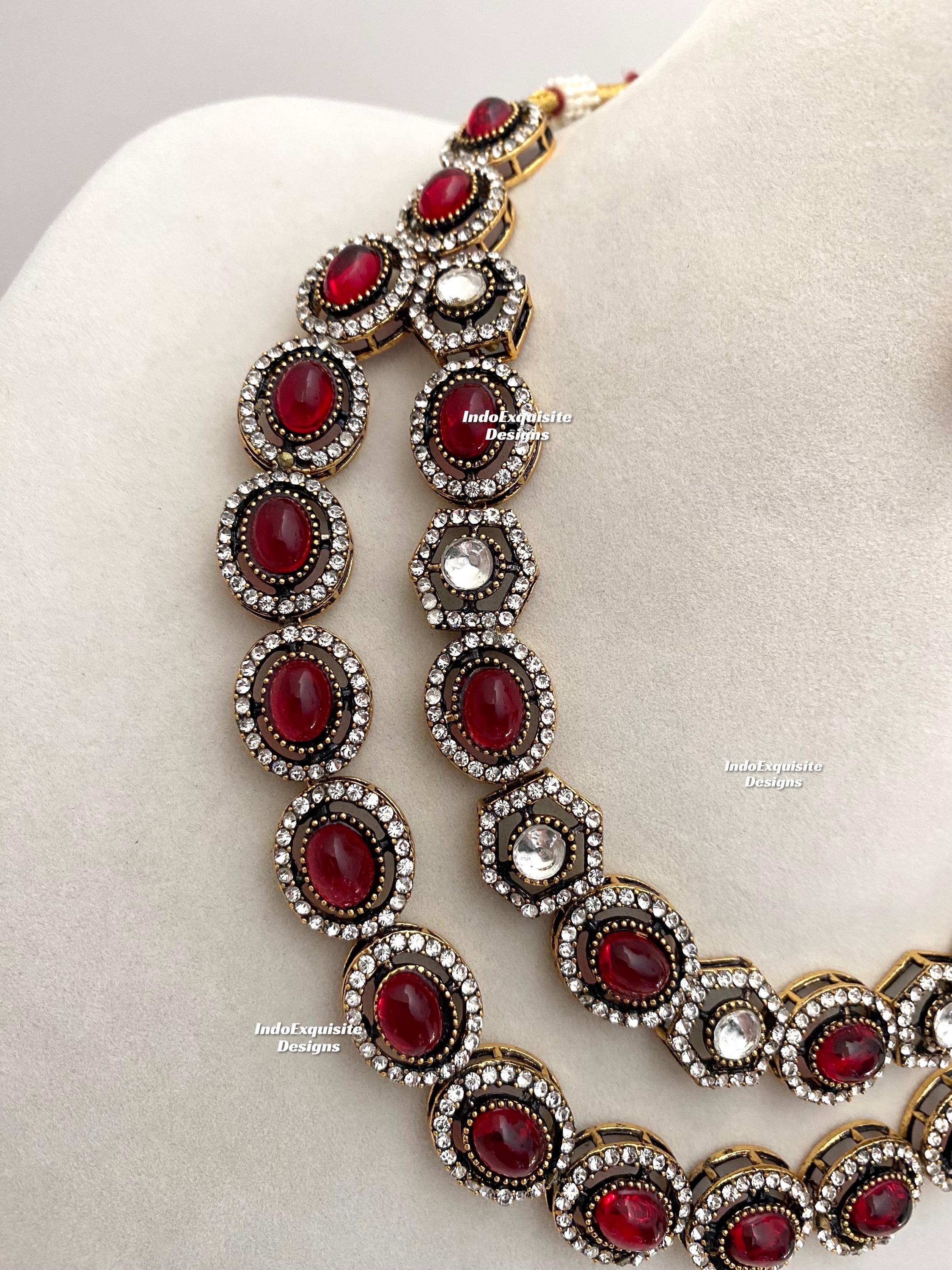 Maroon Victorian Base Monalisa Stones Double Layer Necklace Set/indian ...