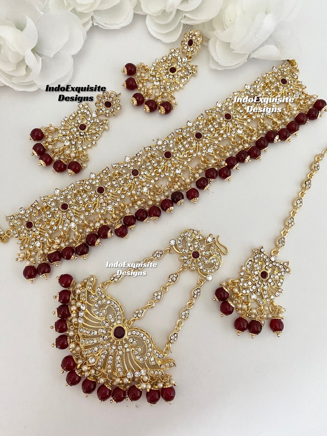 Gold Base Pakistani Maroon Choker Set/pakistani Bridal Set With Jhoomer ...