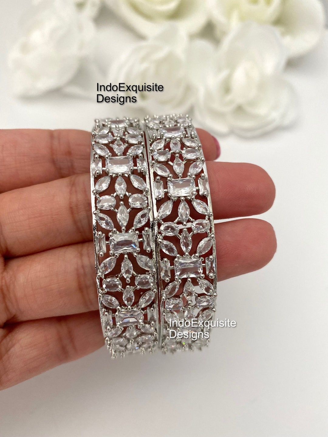 Silver American Diamond Kade in Pair/ad Kangan/cz Kangan/indian Wedding ...