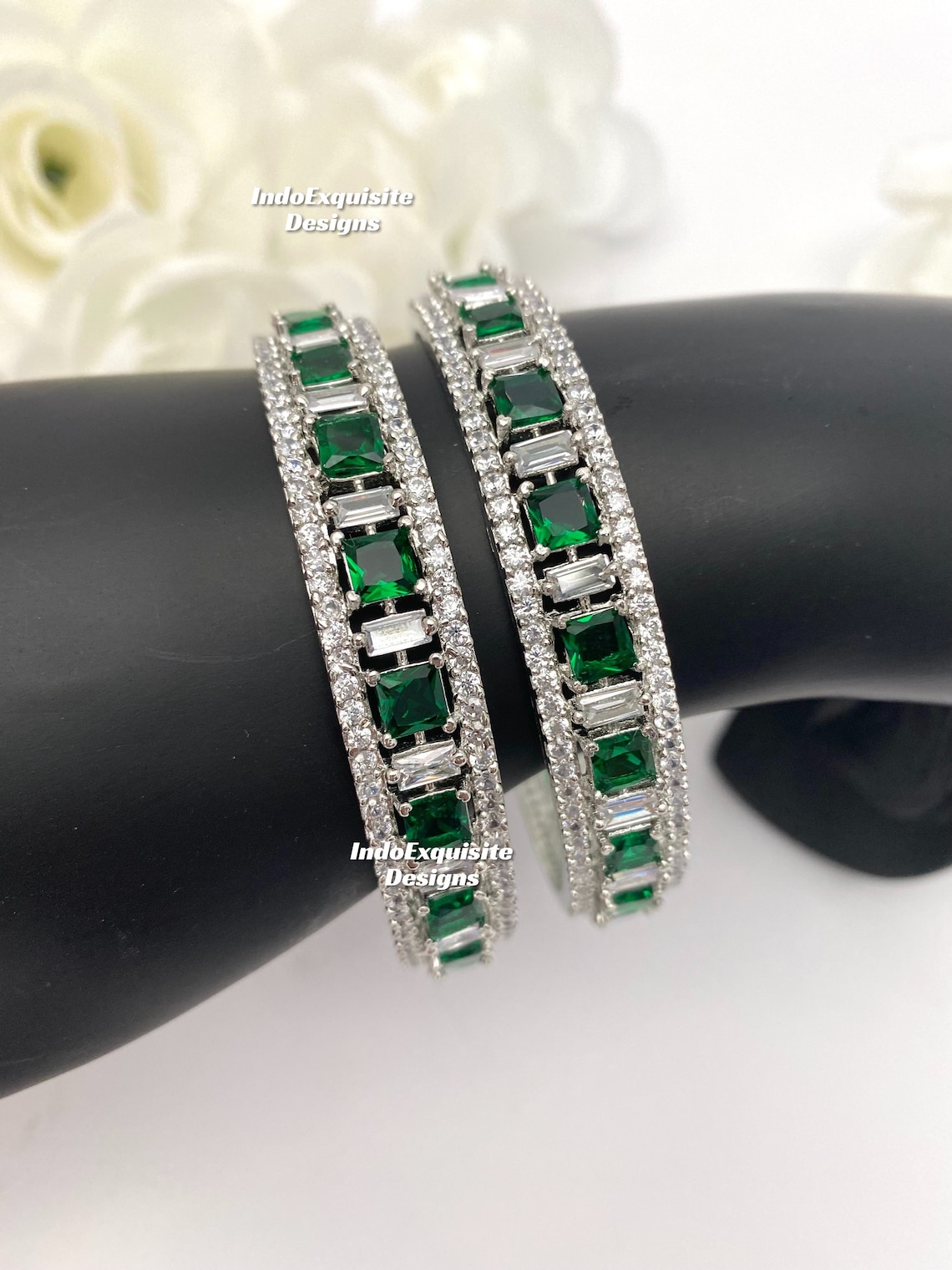 Silver Green American Diamond Kade/ad Kangan/cz Kangan/indian Wedding ...