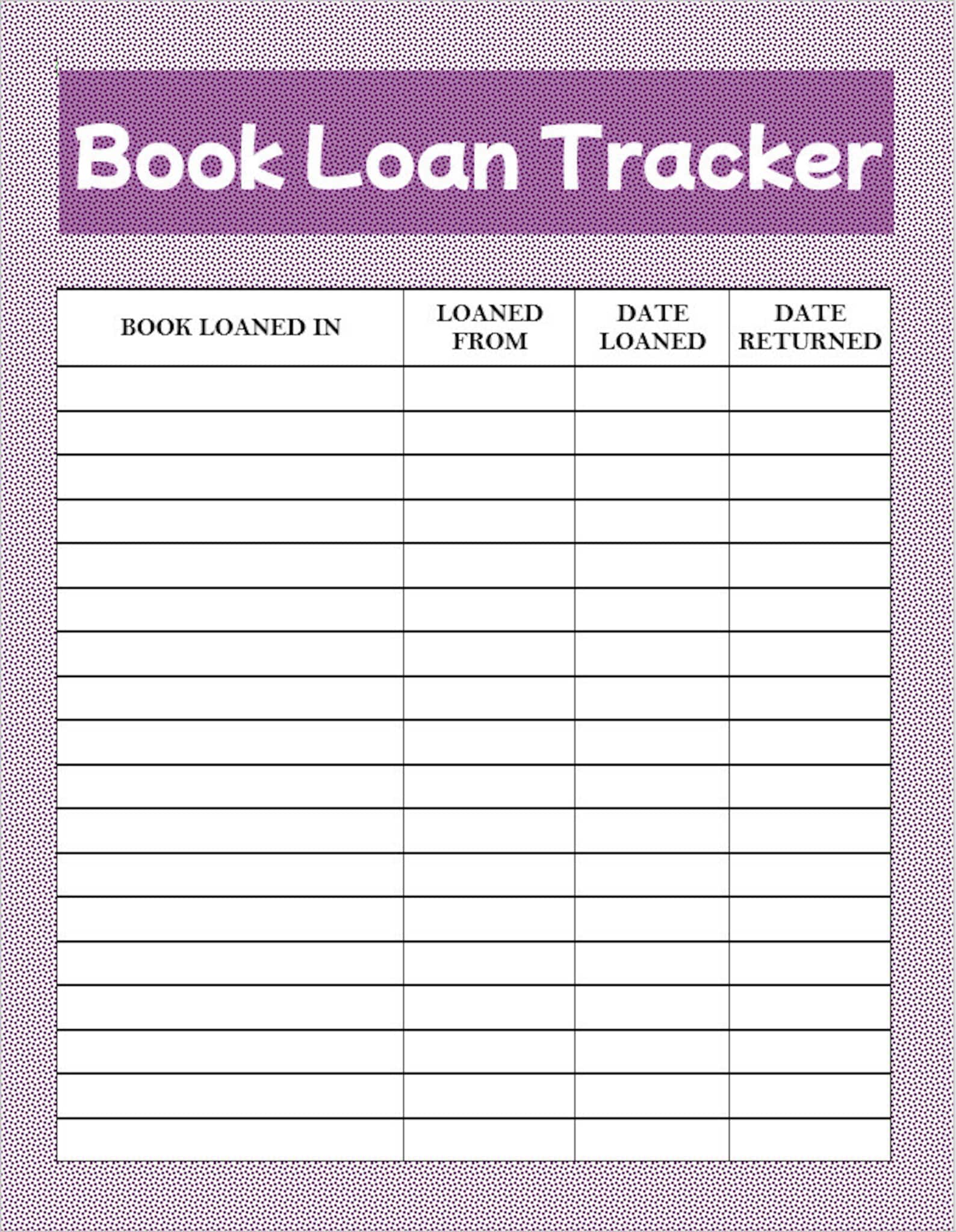 Printable Book Loan Tracker. Record Books Borrowed or Loaned and Dates ...
