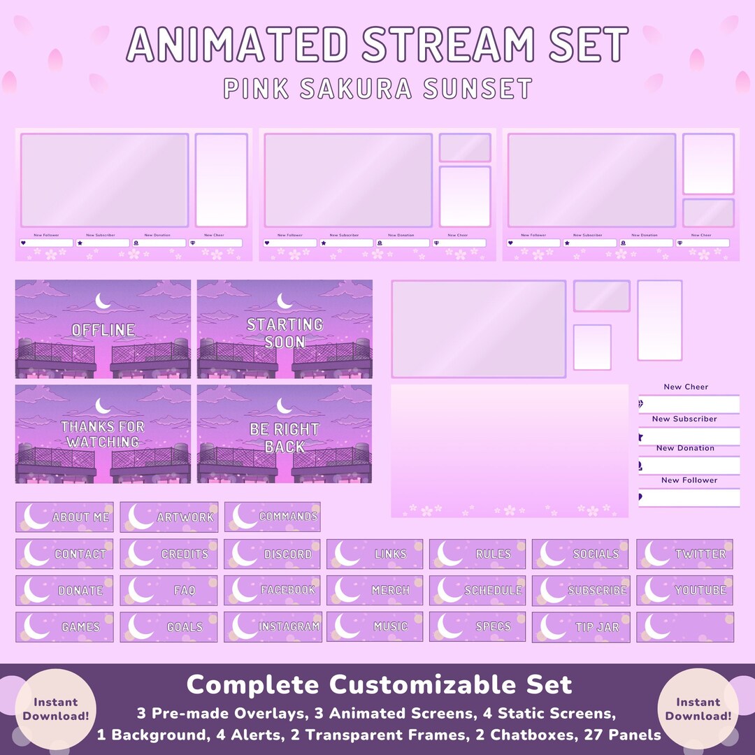 Animated Twitch / Youtube Stream Overlay Package (pink Sakura Sunset ...