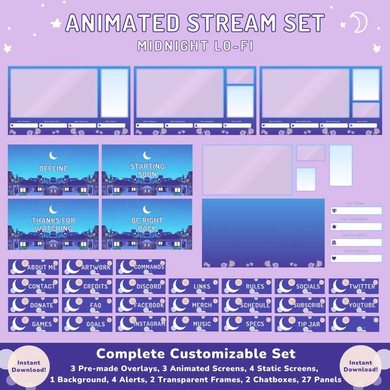 Animated Twitch / Youtube Stream Overlay Package midnight Lo-fi - Etsy
