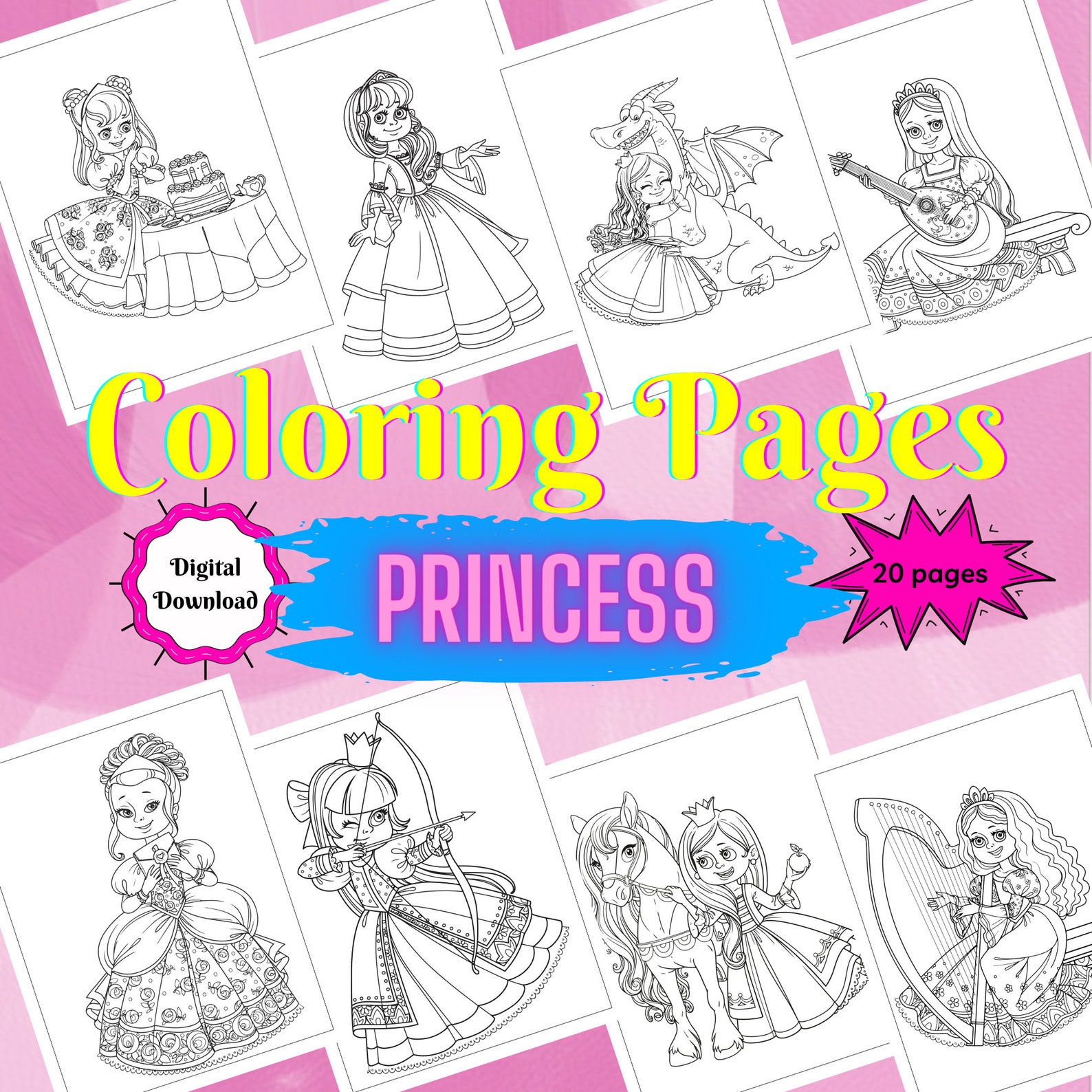 Princess Coloring 20 Pages, Preschool Kindergarten Activity, Homeschool ...