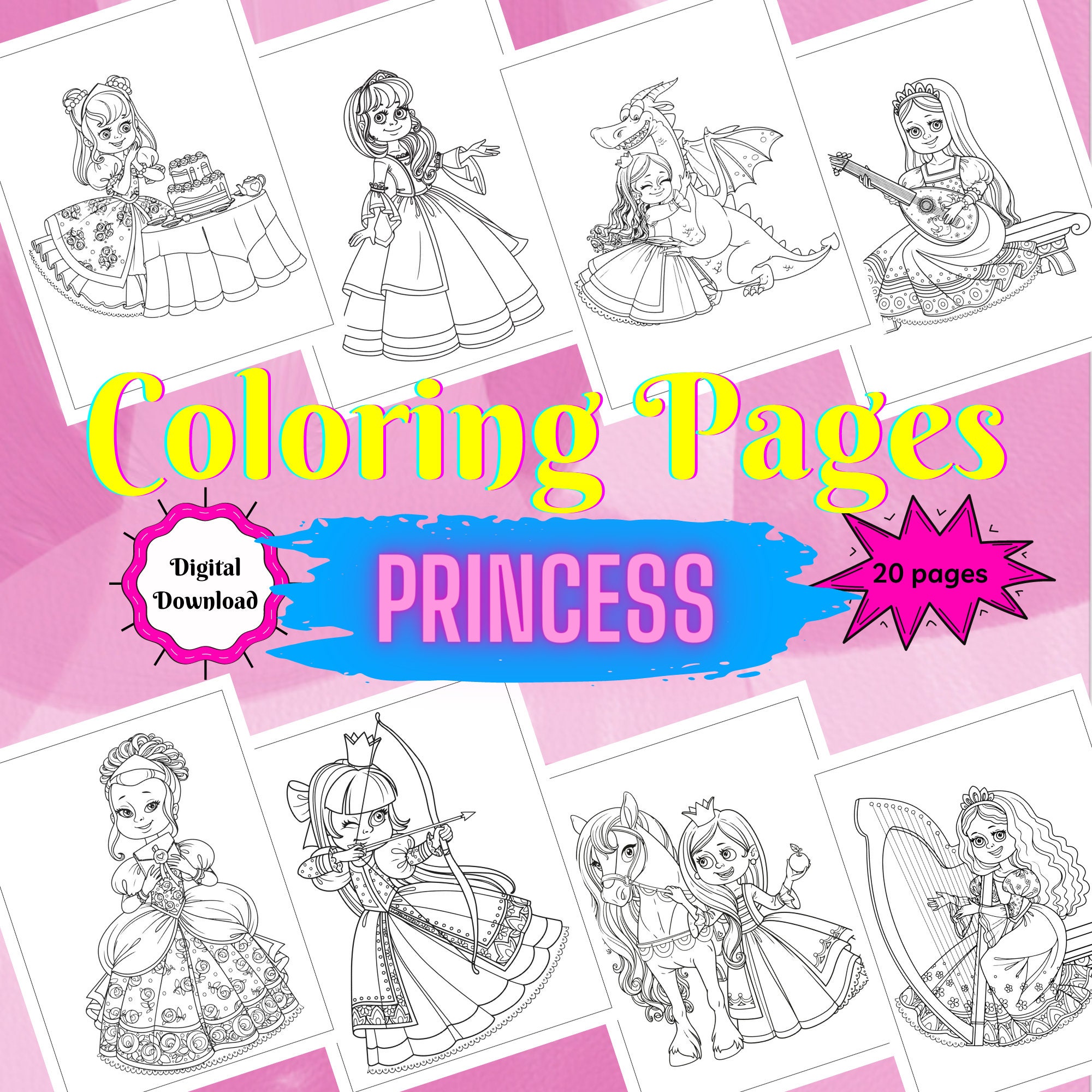 Princess Coloring 20 Pages, Preschool Kindergarten Activity, Homeschool ...