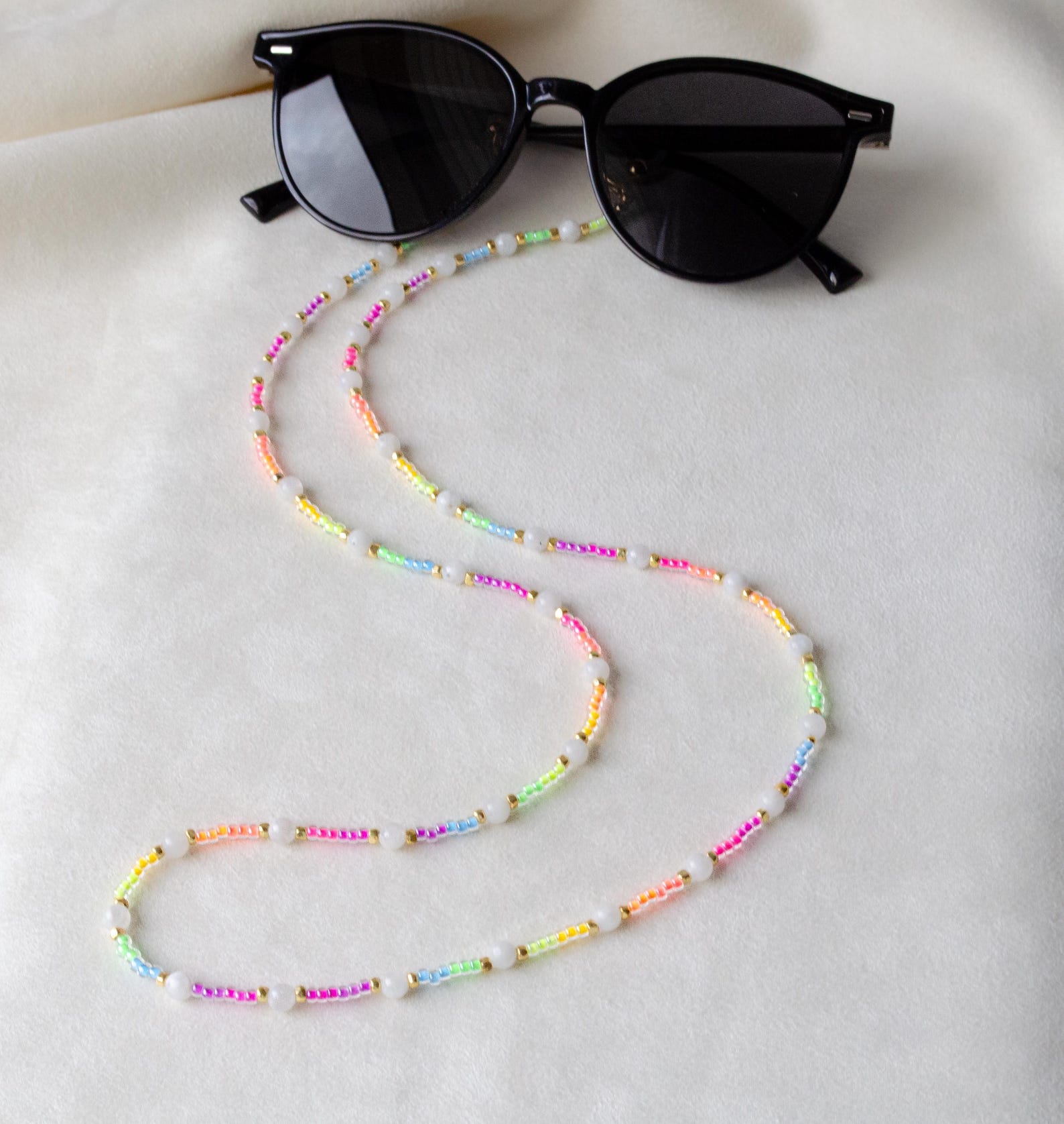 Handmade Glasses Chain With Neon Rainbow Seed Beads and Moonstones, UV ...