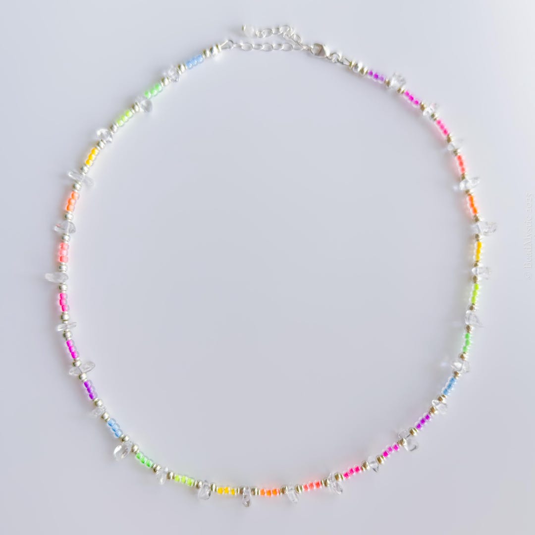 Rainbow Necklace, UV Reactive Glass Seed Beads & Crystal Quartz ...