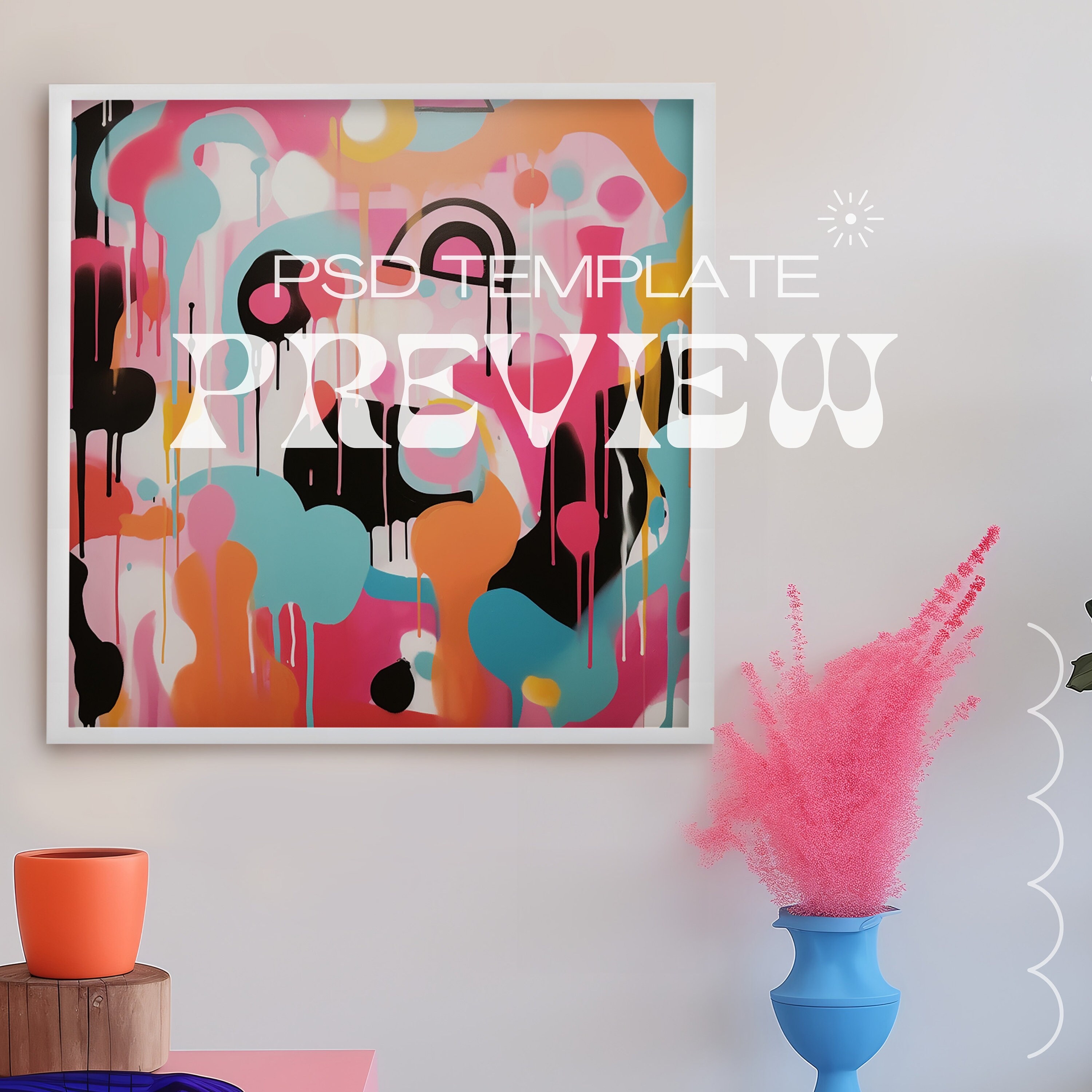 3 Bright Colourful Retro Art Mockup Bundle, High Resolution Frame ...