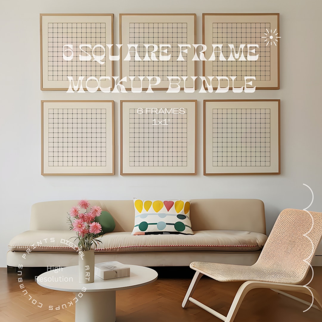 6 Square Frame Wall Gallery Mock Up, Retro Living Room, Unique HQ ...