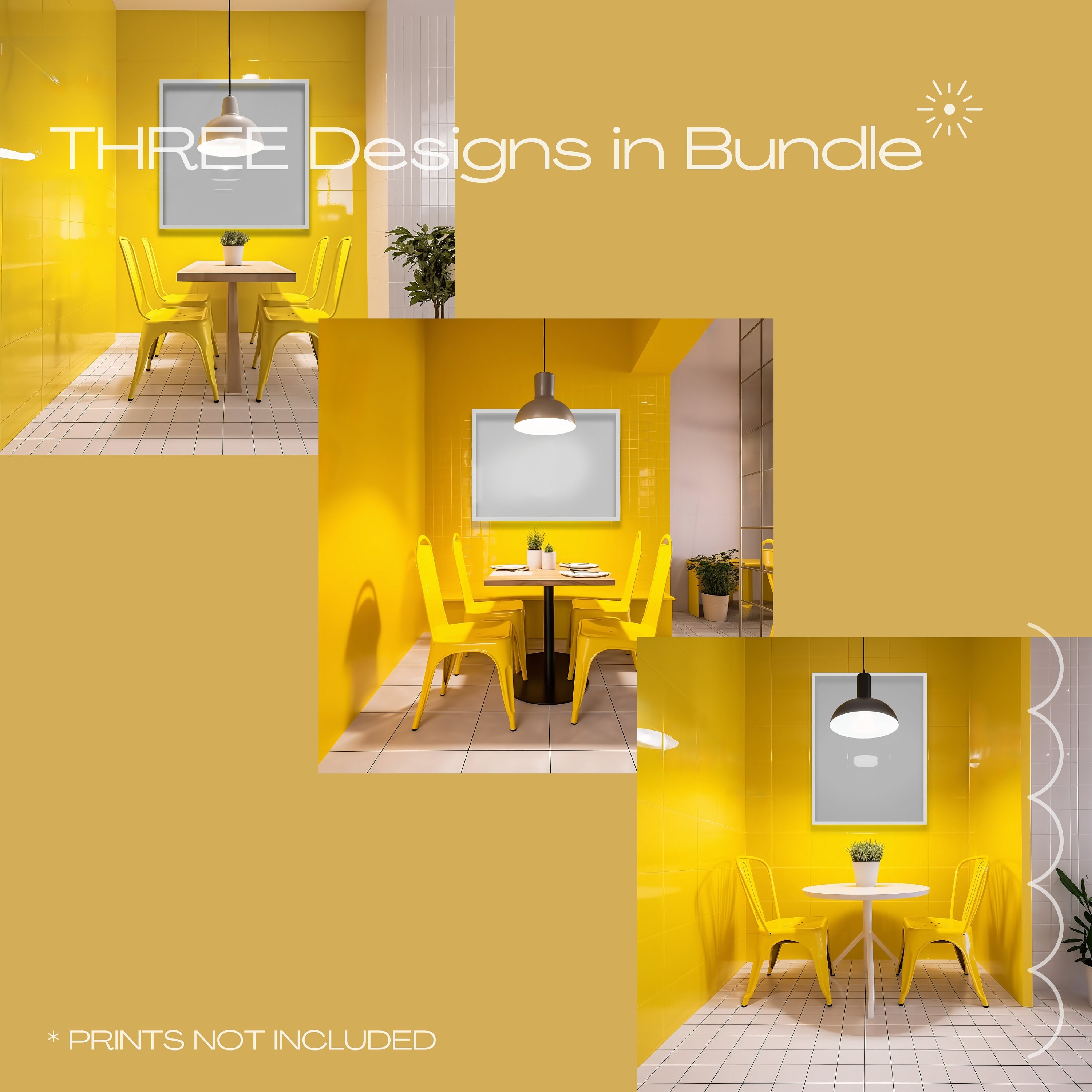 3 Art Sizes Mockup Bundle, Retro Dining Room Frames, Unique HQ Yellow ...