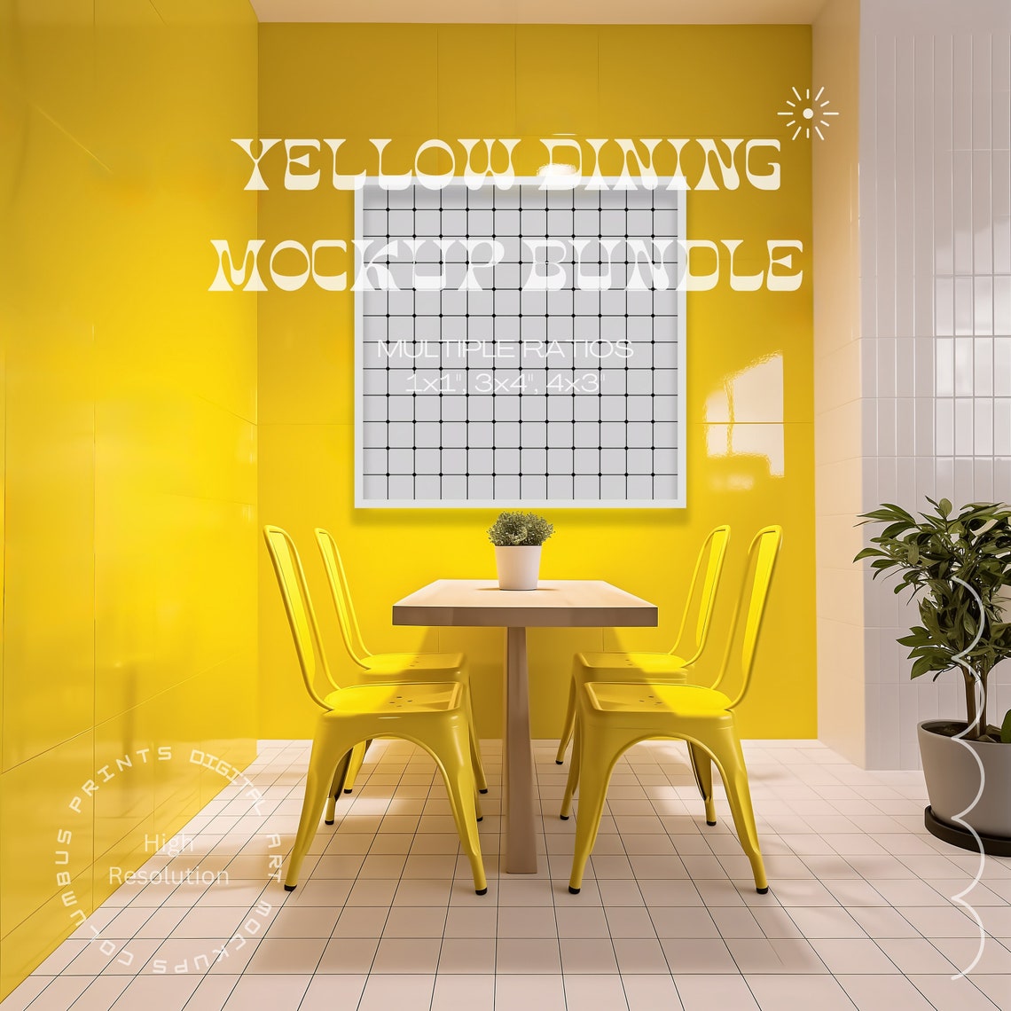 3 Art Sizes Mockup Bundle, Retro Dining Room Frames, Unique HQ Yellow ...