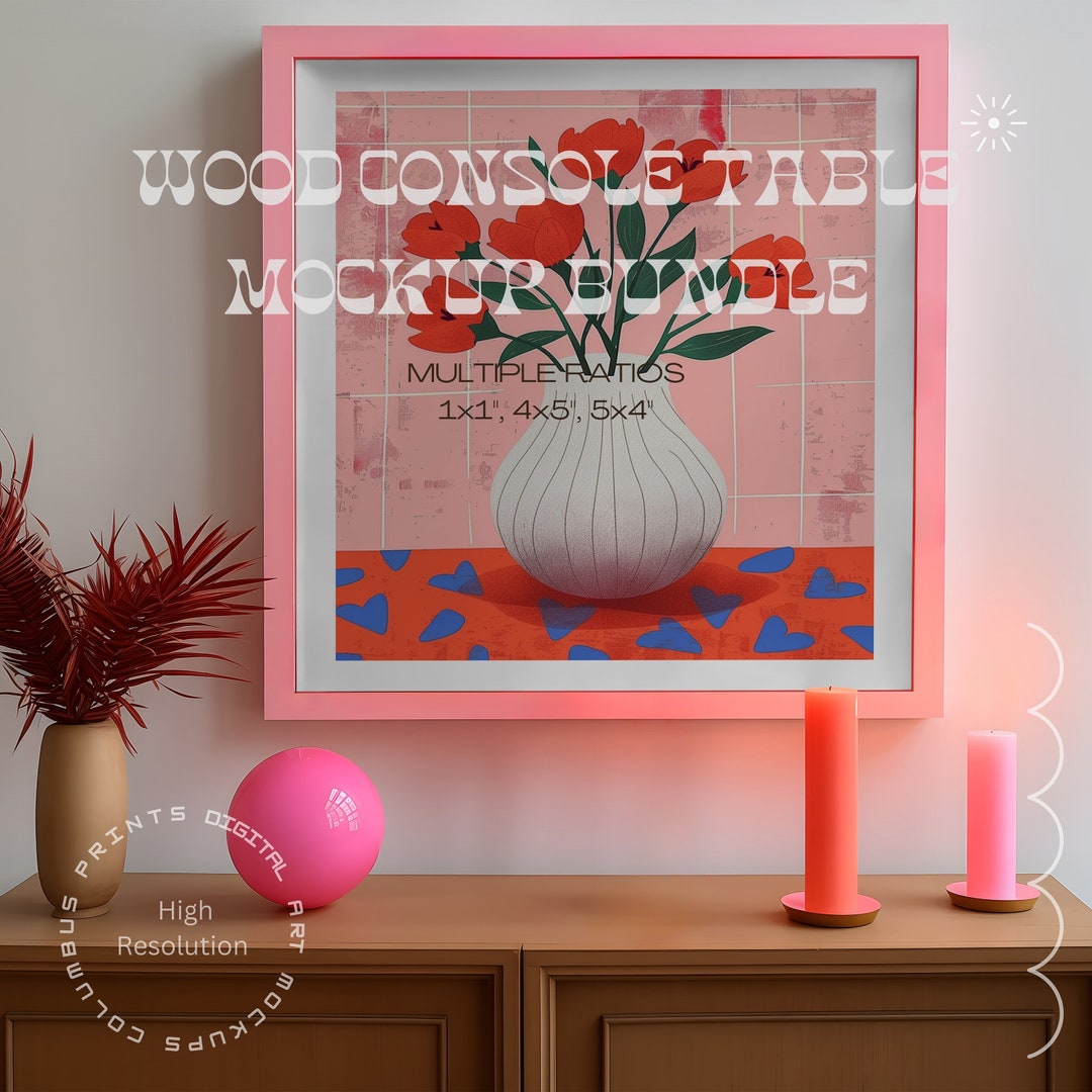 3 Wooden Console Art Mockup Bundle, Simple Close-up Mockup, Pink and ...
