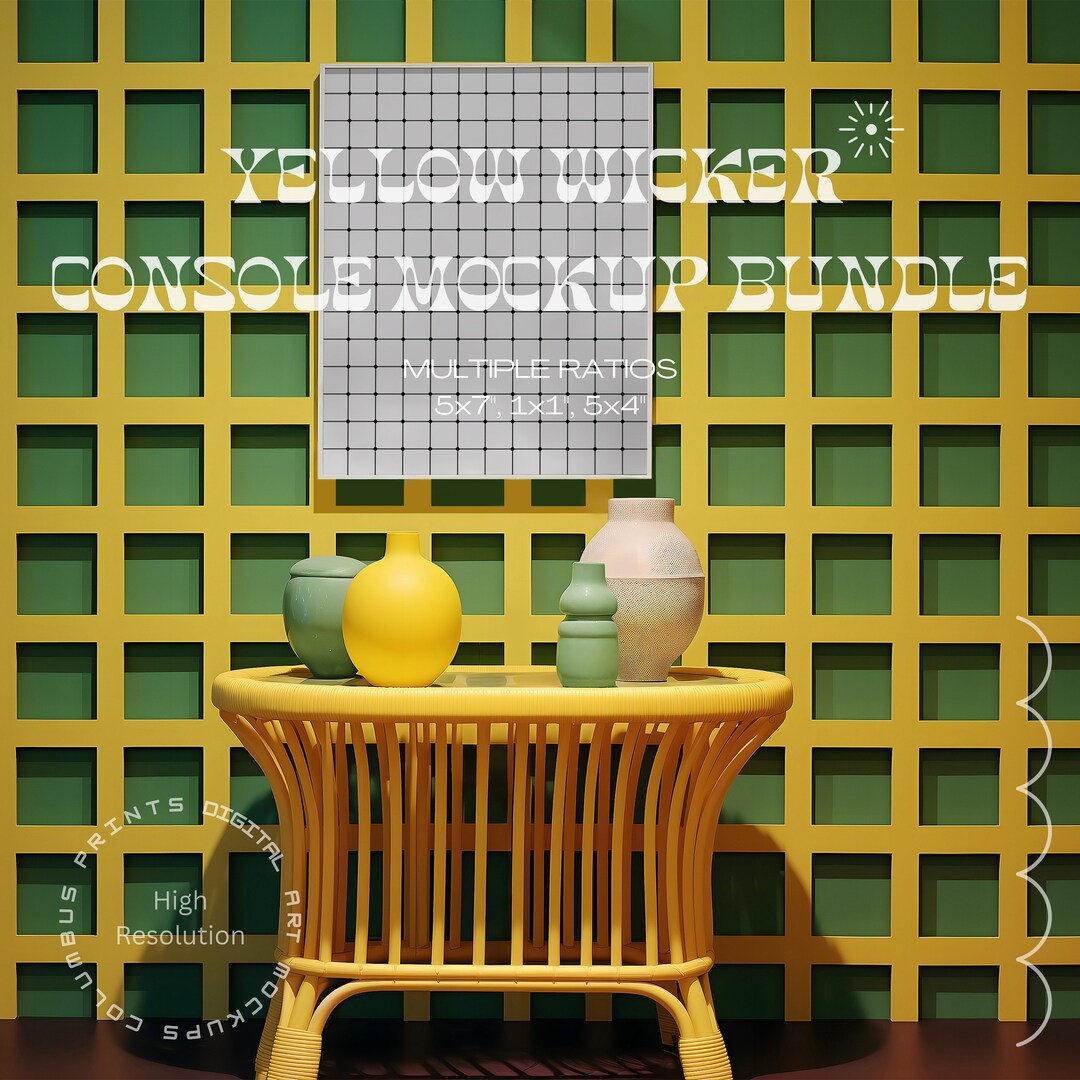 3 Yellow Retro Wicker Console Mockup Bundle, Frame for Digital Prints ...
