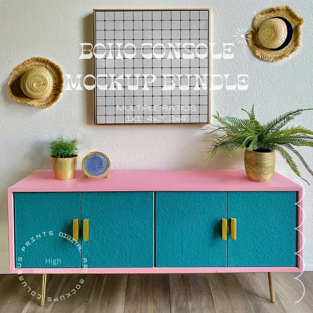 Modern Boho Teal Console Table Mockup Bundle for Art, Living Room ...