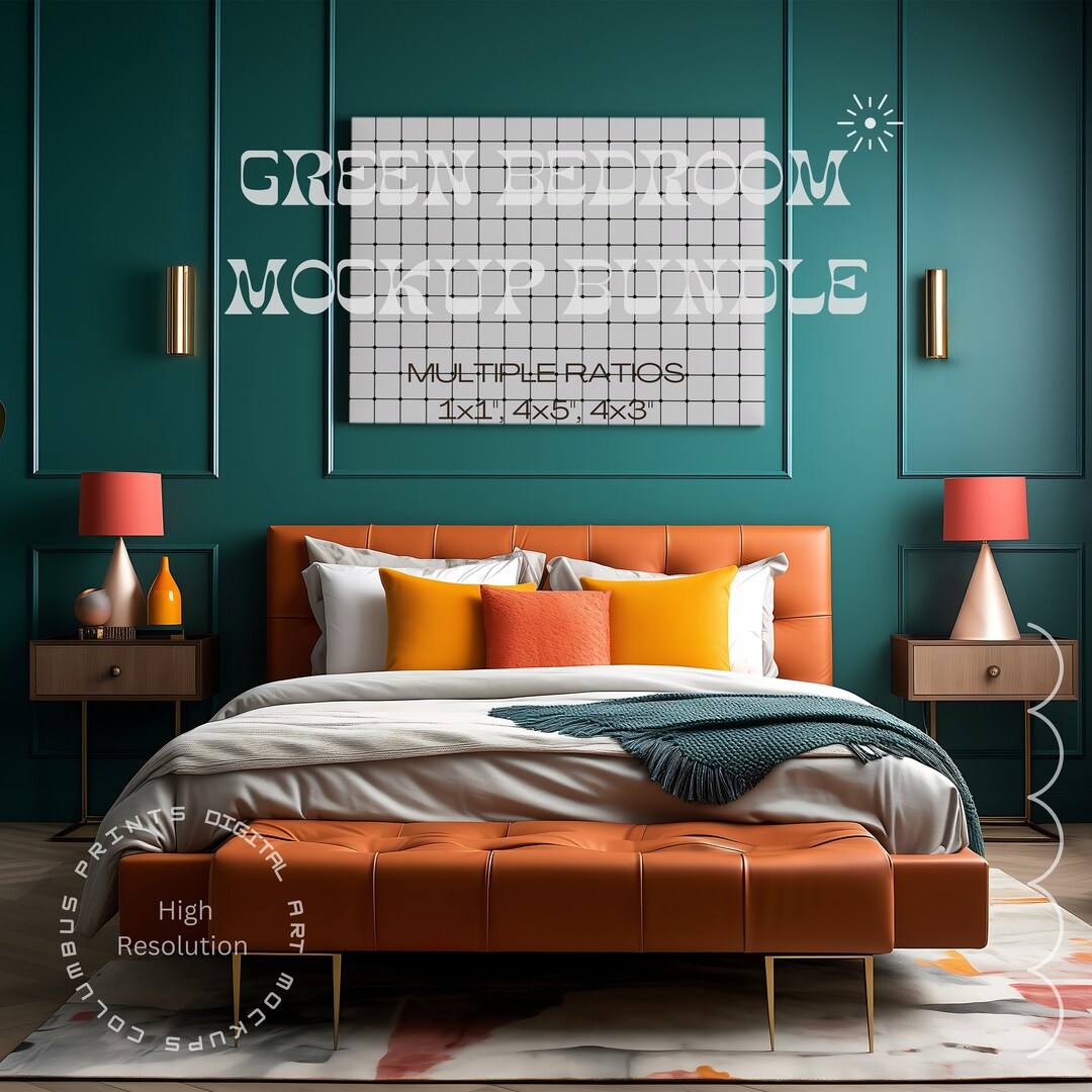 3 Green Bedroom Art Photoshop Mockup Bundle, Modern Interior Design ...