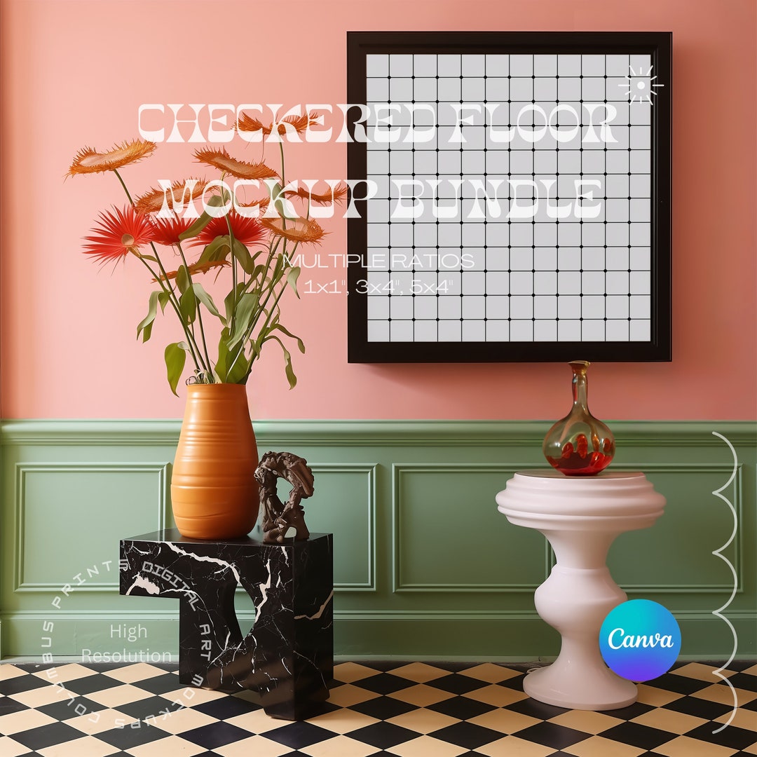 3 CANVA Checkered Floor Mockup Bundle, Bold Unique Interior Design ...