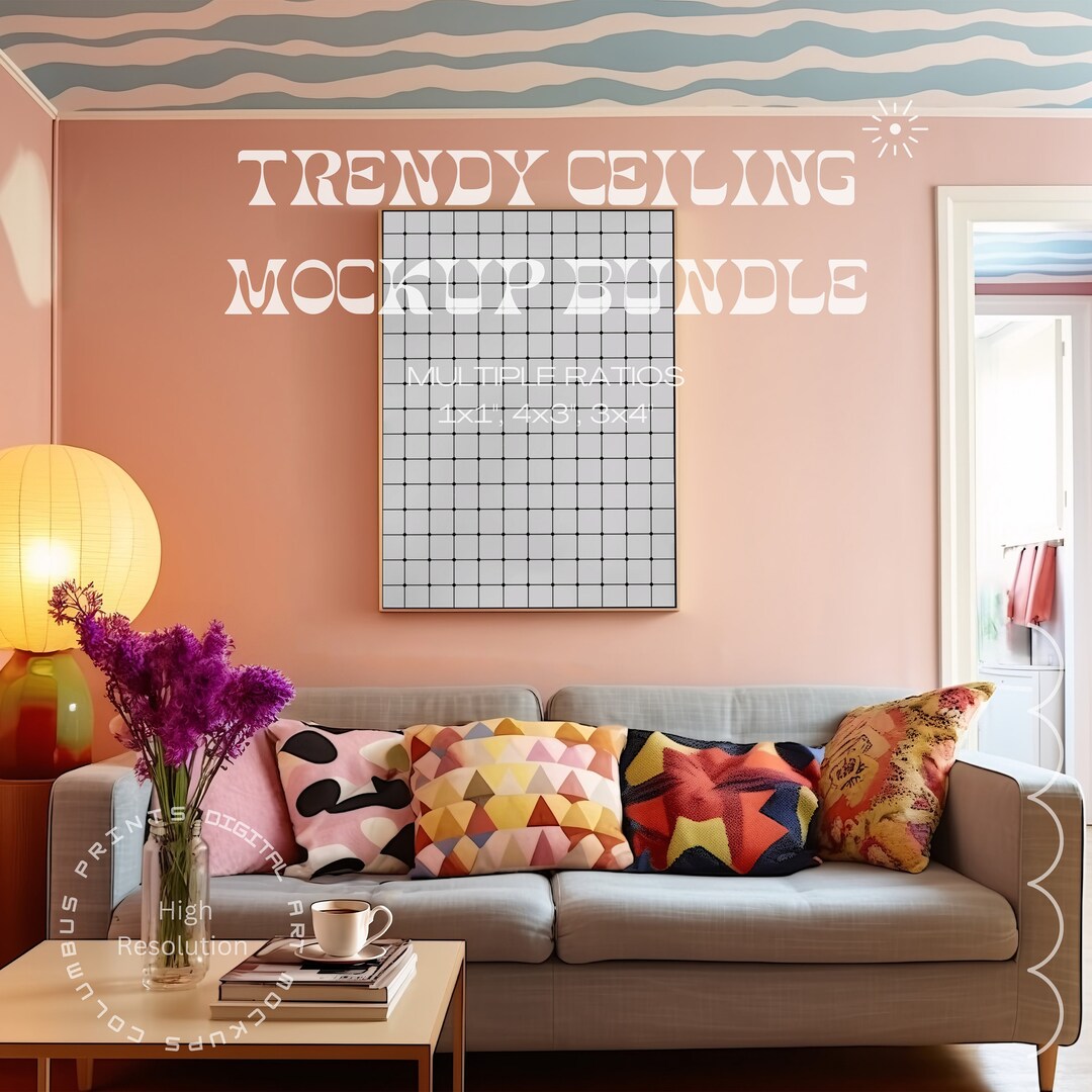 3 Photoshop Unique Retro Ceiling, Living Room Art Mockup Bundle, Trendy ...