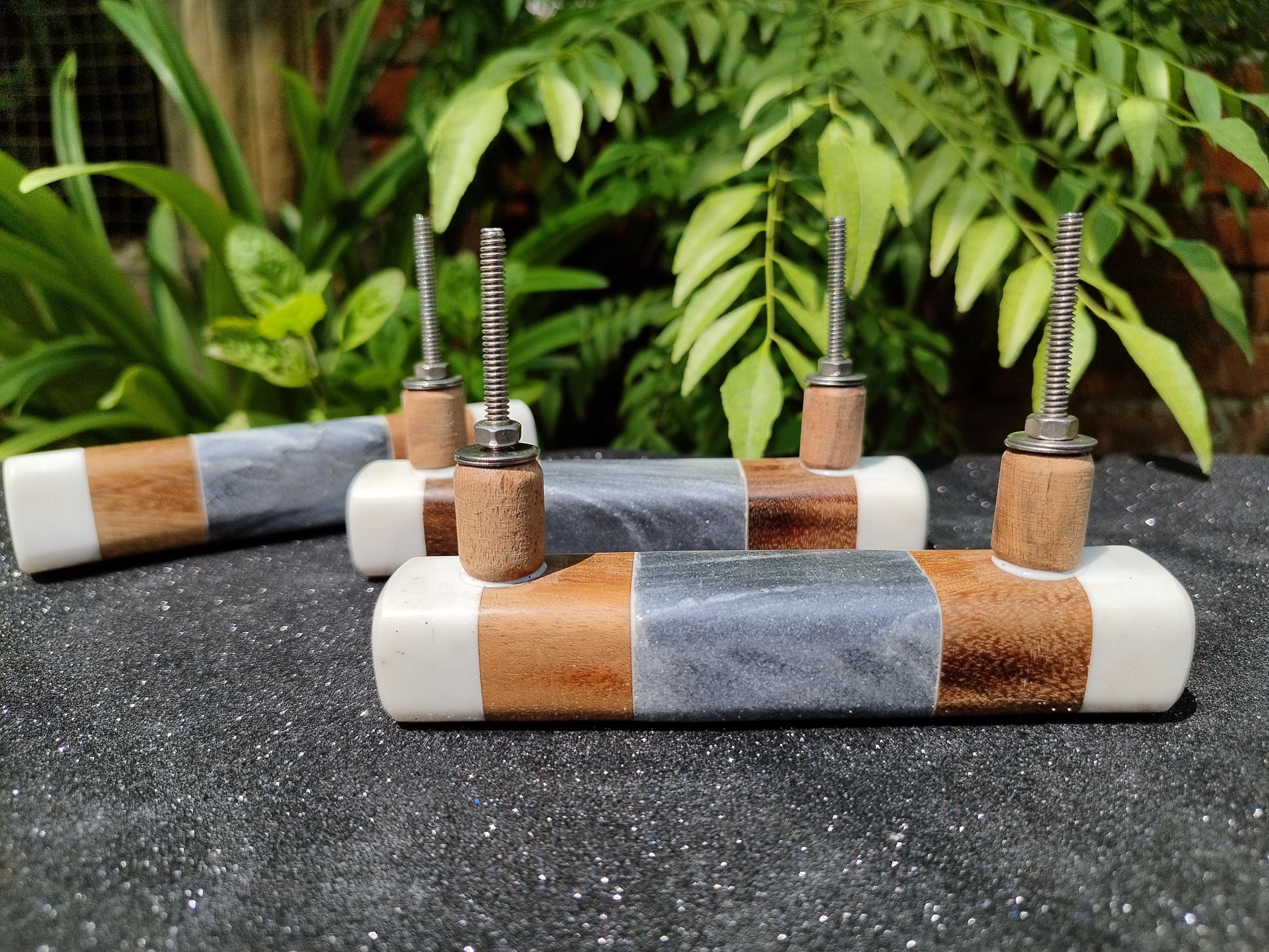 Set of Elegant White Marble, Grey Marble Acacia Wood Drawer Pulls ...