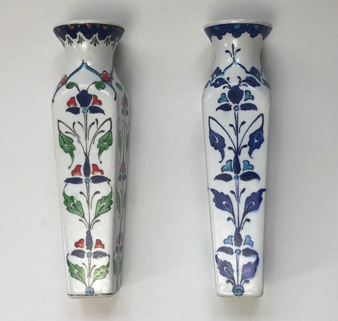 Signed Pair of Handmade Turkish Pottery Kutahya Cini Vases Iznik Tulips ...