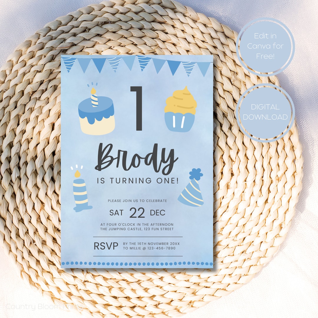 Editable Blue First Birthday Invitation Template, 1st Birthday, Blue ...