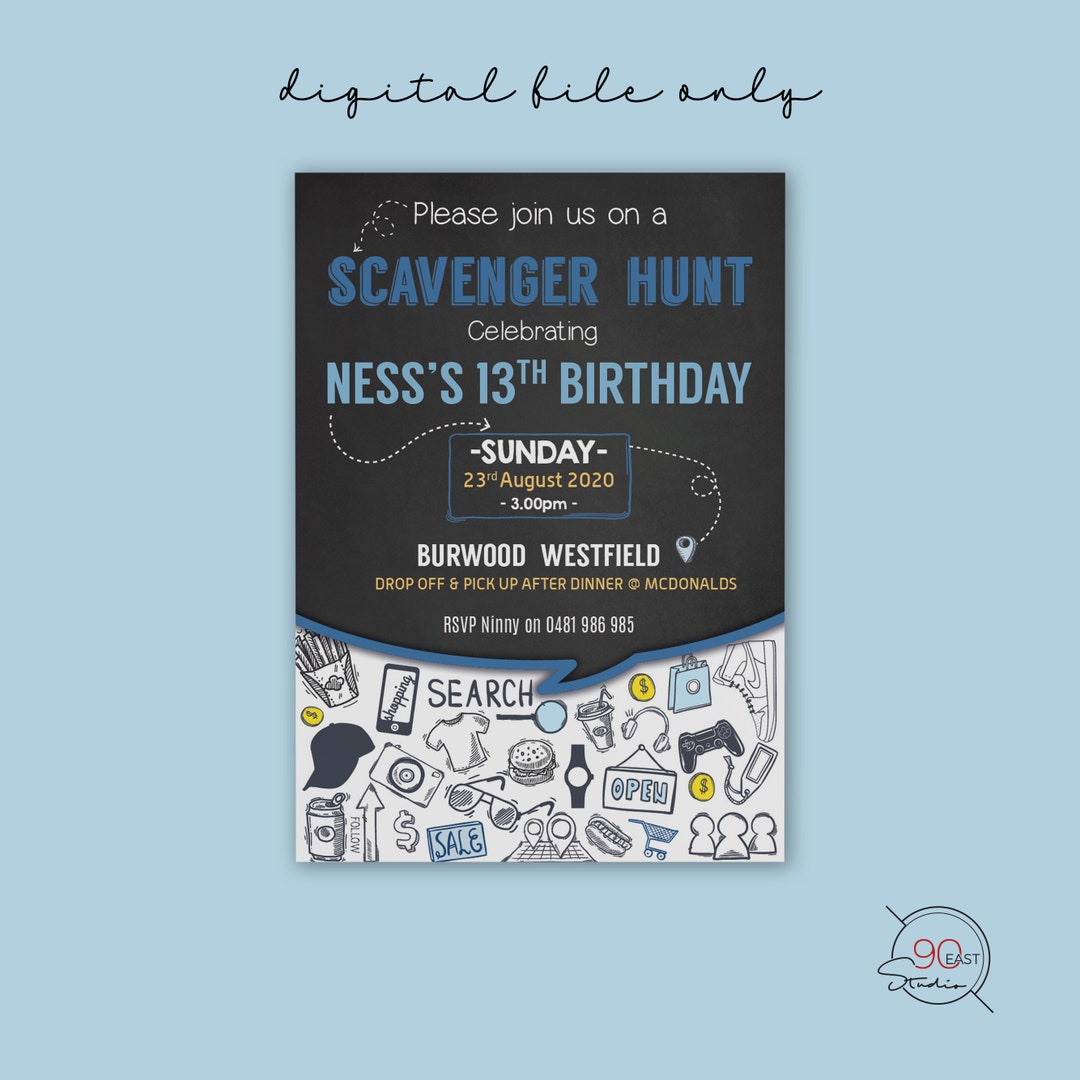 Scavenger Hunt Birthday Invitation | Mall Scavenger Hunt Invitation ...