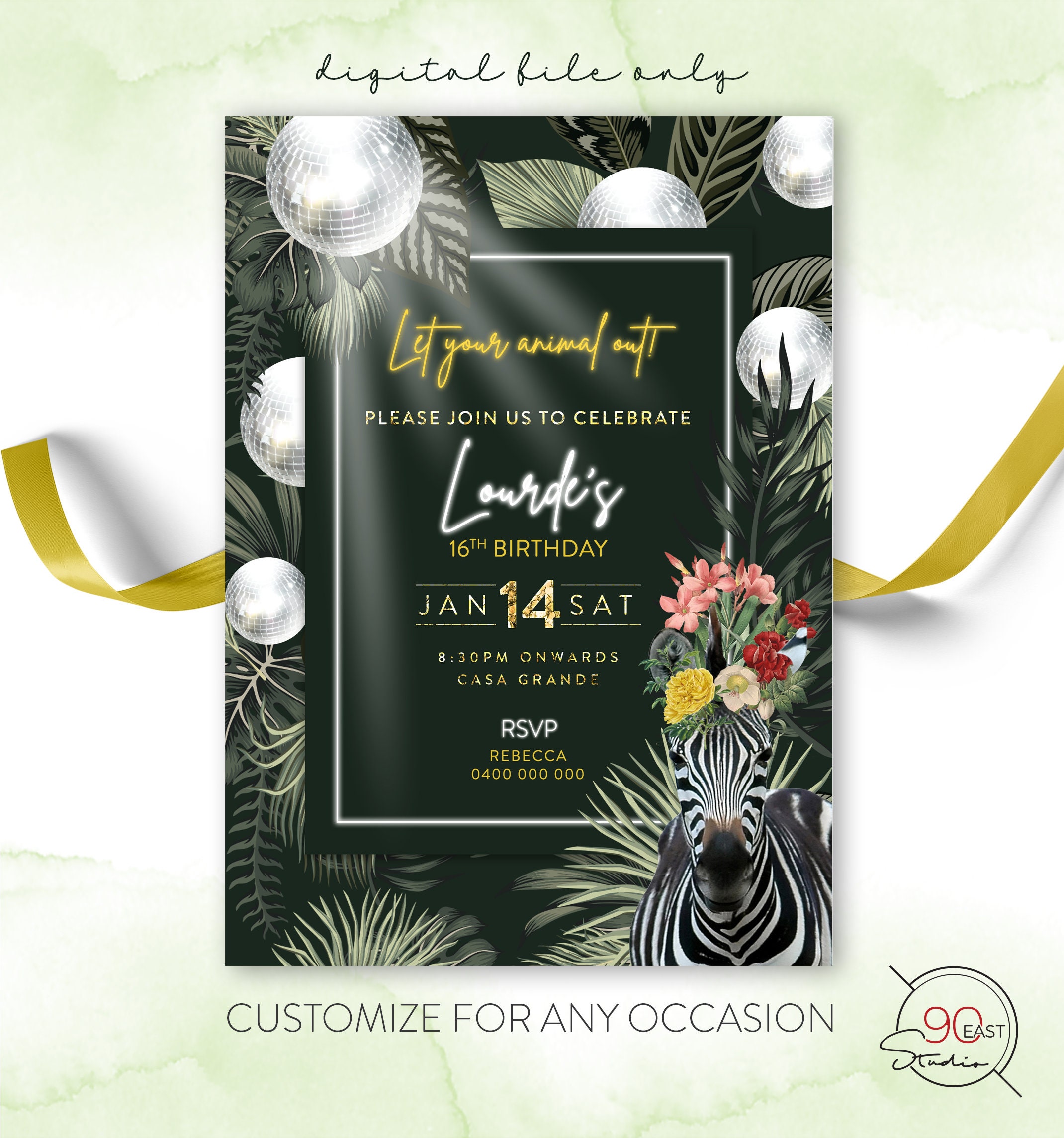 Zebra Disco Party Invitation: Rainforest Theme (digital Invitation) - Etsy