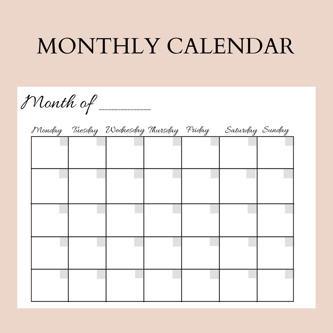 Monthly Blank Calendar, Simple Calendar, Minimalist, Printable ...