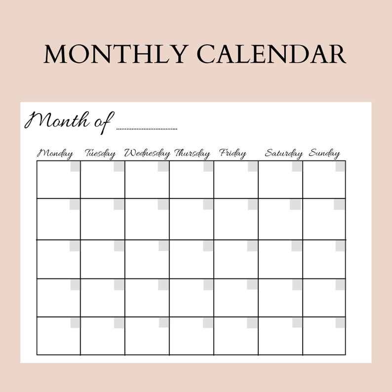Monthly Blank Calendar, Simple Calendar, Minimalist, Printable ...