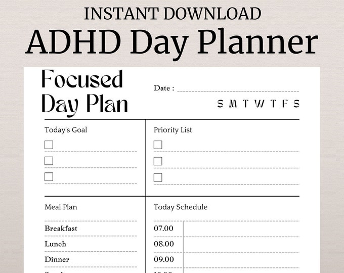 ADHD Daily Planner Printable, Hourly Planner, Organized Planner, ADHD ...