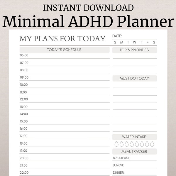 ADHD Daily Planner Printable, Hourly Planner, Organized Planner, ADHD ...
