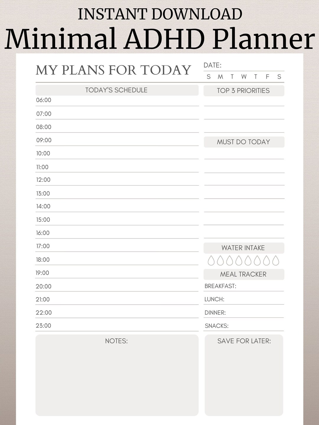 Minimal ADHD Digital Planner for Printing or Digital Use. ADHD Daily ...