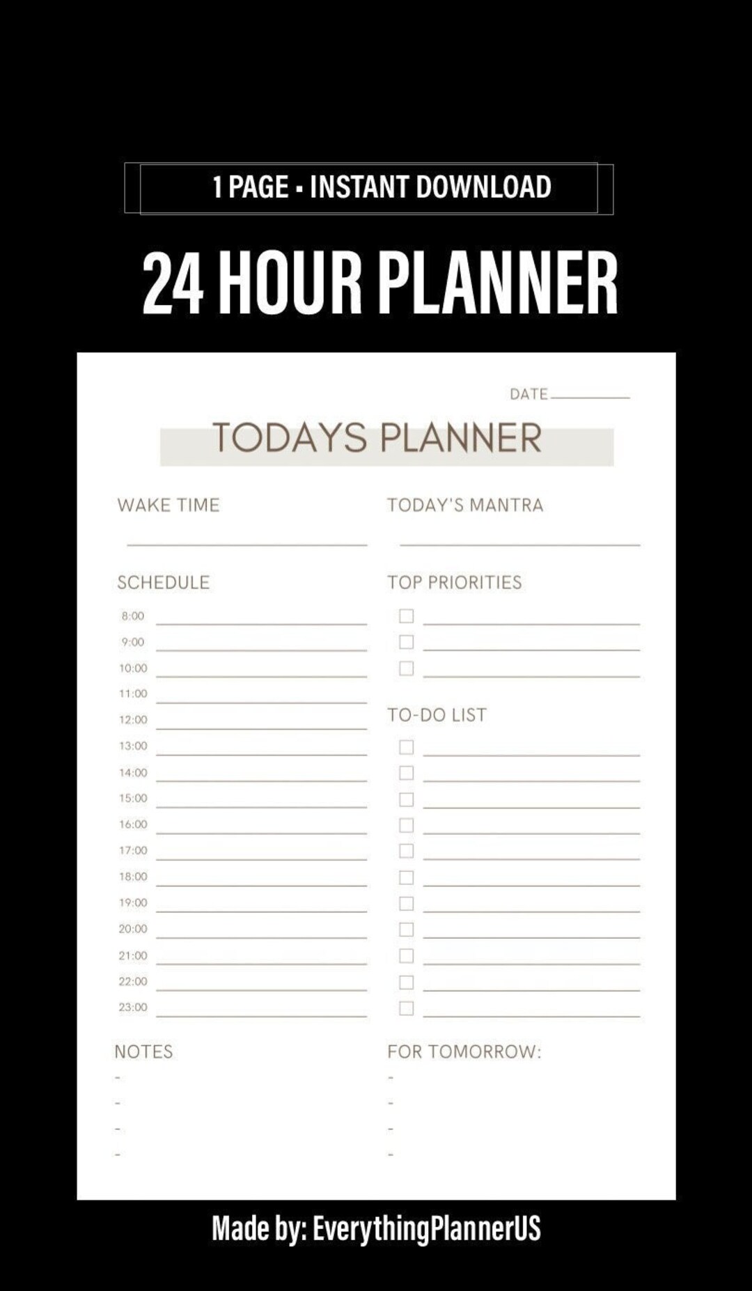 24 Hour Daily Planner Printable, Instant Download, Personal Life ...