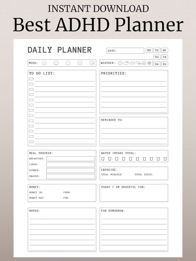 ADHD Daily Planner Printable, Hourly Planner, Organized Planner, ADHD ...