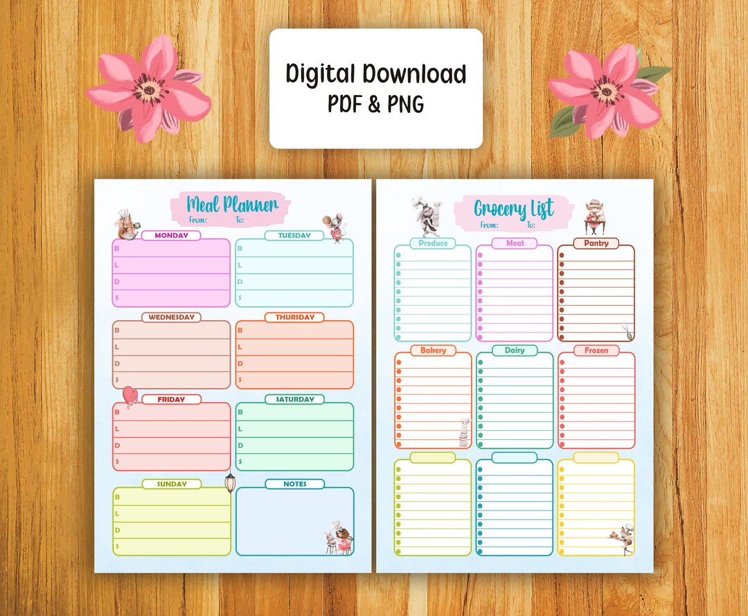 Printable Meal Planner Foods Preparation Weekly Grocery - Etsy