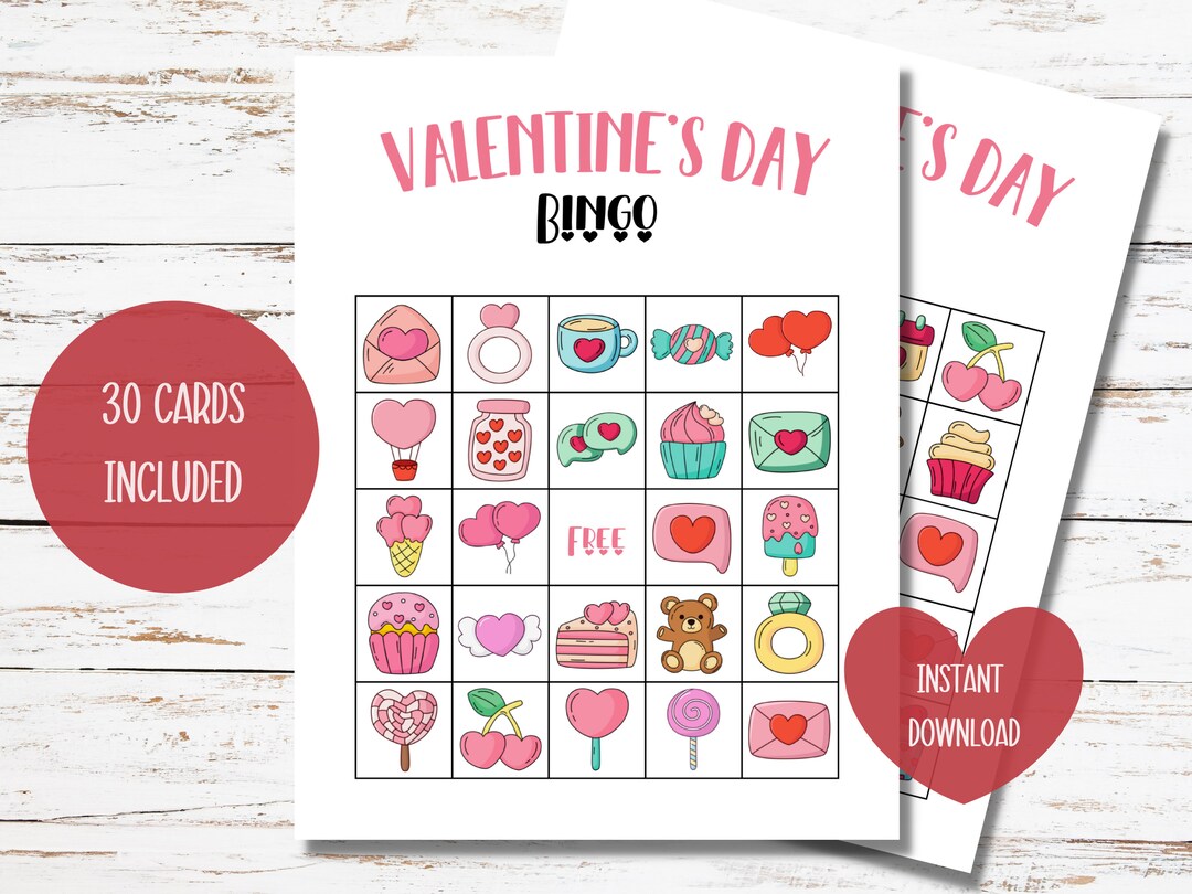 Valentine's Day Bingo Game Cards Printable Bingo Cards Kid Classroom ...