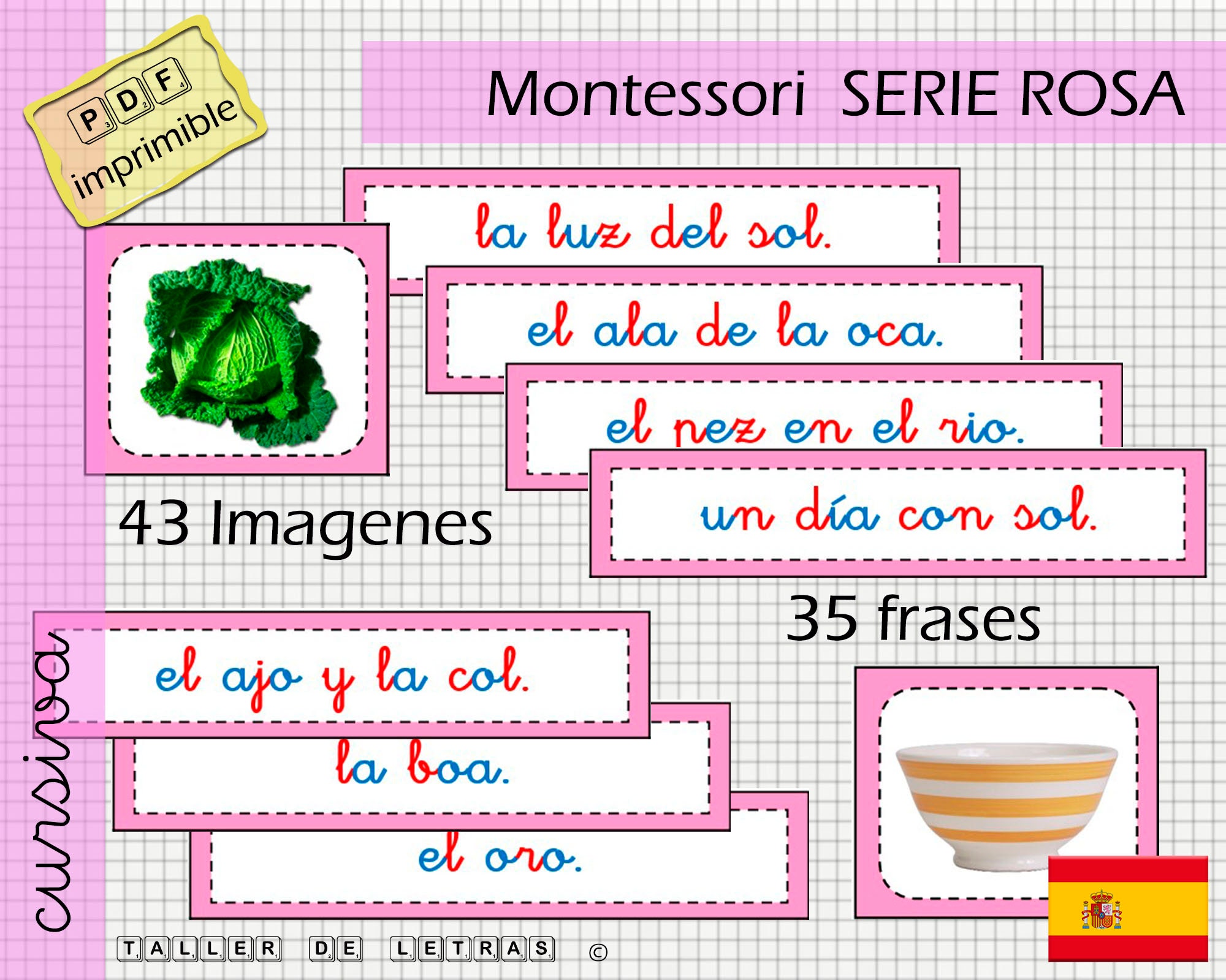 Spanish Phrases Pink Serie Montessori, Learn to Read Spanish, Phonics ...