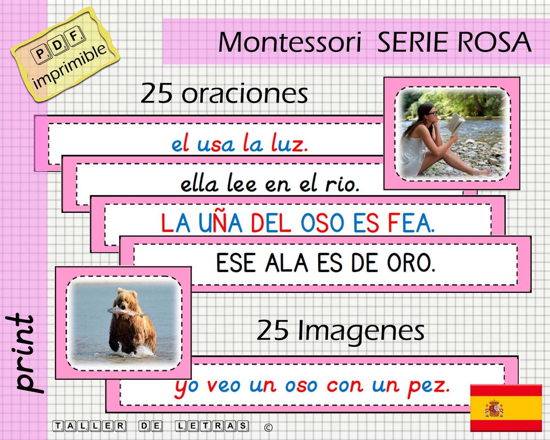 Oraciones Serie Rosa Montessori En Español, Tarjetas Oraciones Serie ...