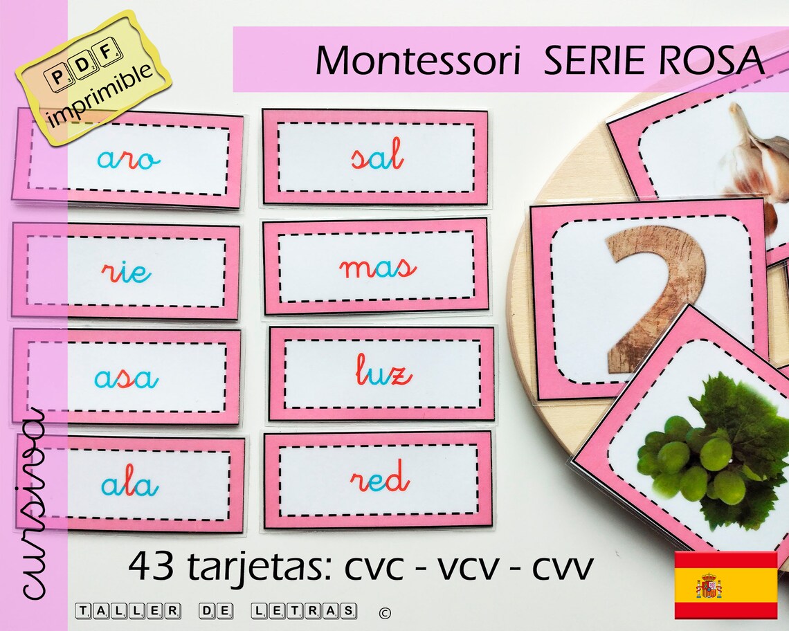 Tarjetas Serie Rosa Montessori en español, Palabras CVC CVV VCC ...