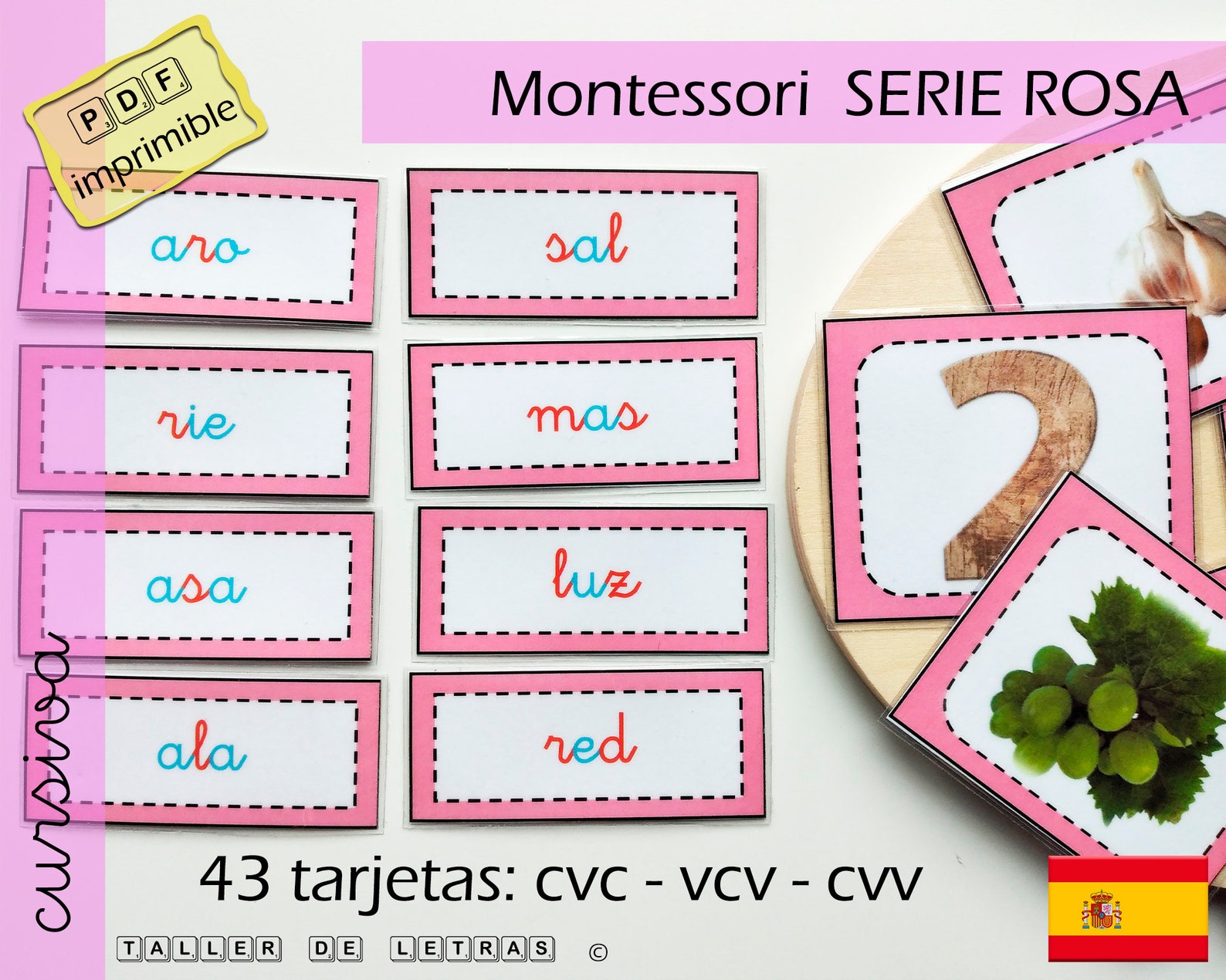 Tarjetas Serie Rosa Montessori en español, Palabras CVC CVV VCC ...