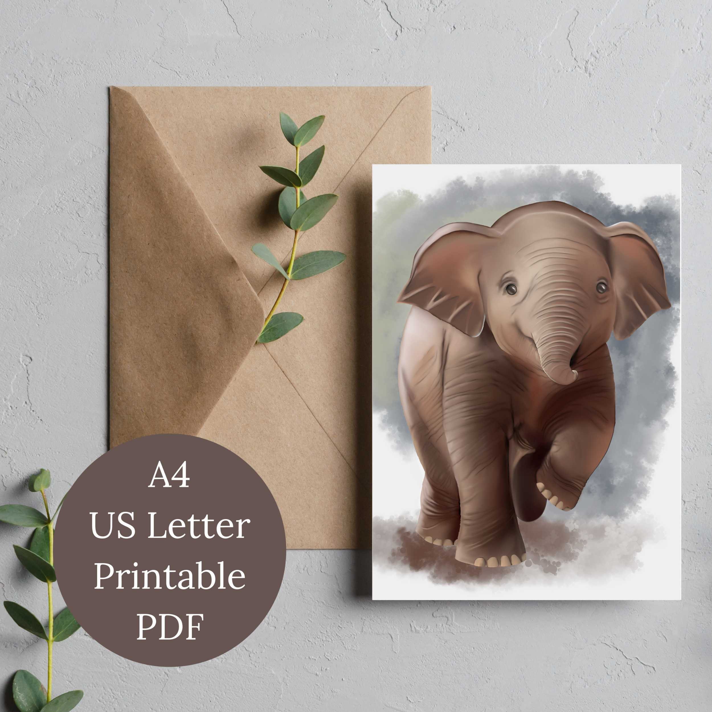 Printable Greeting Card Hand-drawn Elephant Baby A4 & US Letter 2x4 ...