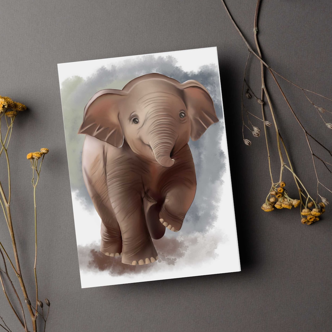 Printable Greeting Card Hand-drawn Elephant Baby A4 & US Letter 2x4 ...