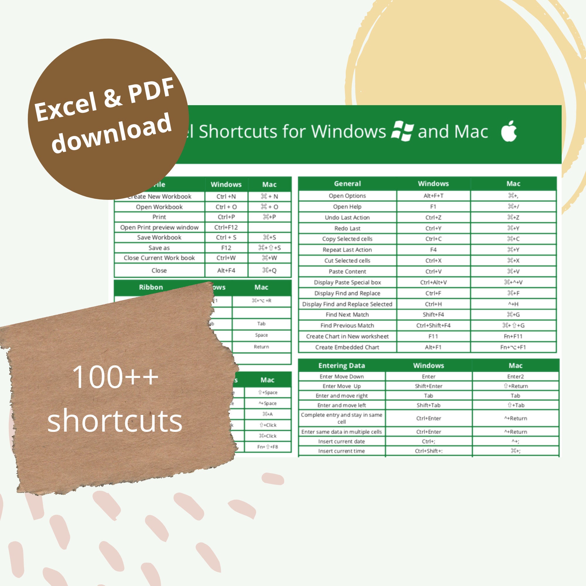 Printable Excel Shortcuts for Windows and Mac| Excel Shortcuts Mac ...